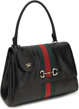 Gucci Womens Web-Stripe Leather Top Handle Bag Black Calf Bos
