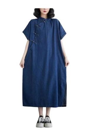 Generic Robe vintage en jean à manches courtes et col montant pour femme, noir foncé, XL