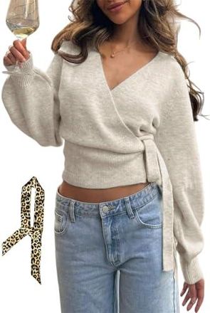 Generic Pull en tricot &agrave; col en V crois&eacute; pour femme avec noeud irr&eacute;gulier, manches longues nou&eacute;es sur le c&ocirc;t&eacute;, haut court tendance en tricot, bl&eacute;, XL