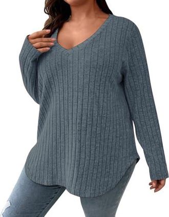 Generic Pull décontracté en tricot côtelé pour femme - Grande taille - Automne et hiver - Manches longues - Col en V - Couleur unie - Léger, Gris/bleu, 4XL