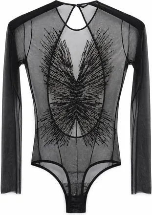 Amen Bead and Crystal Embroidered Bodysuit - Black