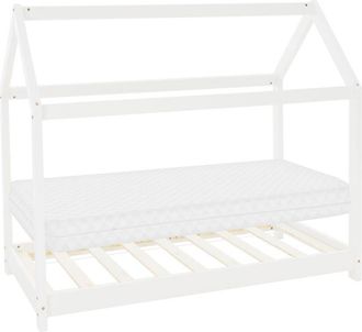 ML Design Ml-design - Lit dEnfant Forme Maison 80 x 160 cm Blanc avec Matelas &agrave; Mousse Froide Sommier &agrave; Lattes Housse Amovible Lavable, Cadre en Bois de Pin