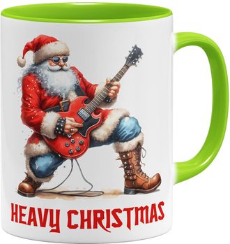 OM3 Heavy Christmas Kaffee-Tasse Lustige Weihnachtstasse f&uuml;r Rocker & Heavy Metal Fans - Santa mit E-Gitarre II - Keramik Becher - 325ml - Beidseitig Bedr