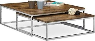 Relaxdays Couchtisch Holz FLAT 2er Set natur HBT 27 x 80 x 80 cm großer Wohnzimmertisch passt ineinander als Satztisch flacher Beistelltisch mit Chrom-Metall fü