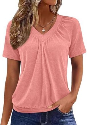 Onsoyours Tee Shirt Femme Col en V Plissé Eté T-Shirt à Manches Courtes Haut Longue De Base A Corail XXL
