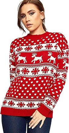 WearAll Pull en Tricot &agrave; Manches Longues pour Femme Motif Sapin de No&euml;l, Flocon de Neige Rouge, 40-42