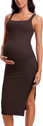 CRZ YOGA Damen Butterluxe Split Umstandskleid Ärmellos Sommer Umstandsmode Bodycon Tank Kleid Schwangerschaf Midikleid Lässige Heißes Fudge-Brown 42
