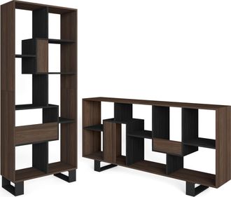 Skraut Home | Bücherregal Bibliothek | Bookshelf, Bookcase | 174x67x31cm | Industriedesign | Moderner Stil | Eiche dunkel und Schwarz