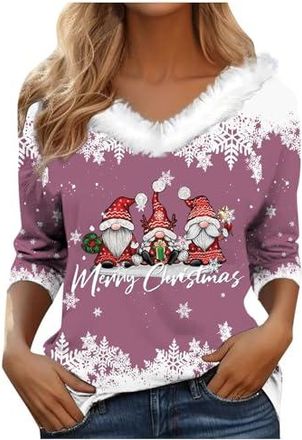 Generic Pull Moche de Noel Femme Col V Fourrure Pulls De Noels Manches Longues Drole Original Mode T Shirt Christmas Lumineux Chic et El&eacute;gant Tenue Sweatshirt