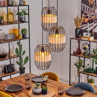 HOFSTEIN Hängeleuchte Macken, 3-flammige Hängelampe aus Metall/Stoff in Schwarz/Beige, Vintage/Retro Hängeleuchte mit Gitterschirmen Ø 22,5cm, Höhe max. 168cm,