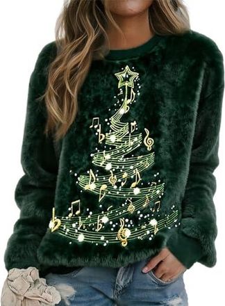 Generic Sweat-shirt de No&euml;l en flanelle avec imprim&eacute; chat pour femme, style d&eacute;contract&eacute;, &eacute;l&eacute;gant, doux et chaud, pull de No&euml;l fantaisie &agrave; col rond, haut de va