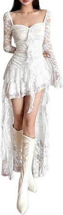 Generic Robe corset en dentelle &agrave; manches &eacute;vas&eacute;es pour femme, col carr&eacute;, robe trap&egrave;ze transparente, robe &agrave; ourlet long irr&eacute;gulier, blanc, S