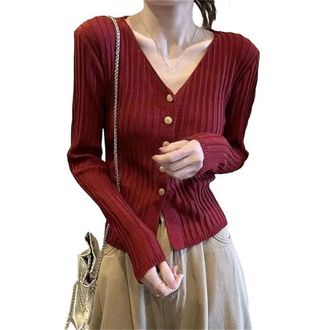 Generic Cardigan court &agrave; manches longues et col en V pour femme, Rouge, Taille XS