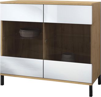 Vladon Kommode Bari V3, Moderner K&uuml;chenschrank mit 2 gro&szlig;en Glast&uuml;ren Eiche Evoke/Wei&szlig; Hochglanz (92,5 x 83.5 x 35)