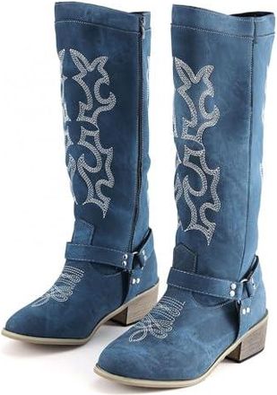Generic Bottes de cowboy en jean pour femme - Bottes western pour femme - Style vintage d&eacute;contract&eacute; - Respirant - Bout rond - Gros talons bas - Bottes de cowg