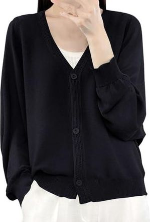 Generic Cardigan &agrave; manches longues et col en V pour femme en lin et soie glac&eacute;e, Noir, XXL
