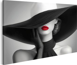 Islandburner Bild auf Leinwand Frau mit Schwarzem Hut und Roten Lippen auf Schwarz Wei&szlig; Bild Bilder Wandbilder Poster