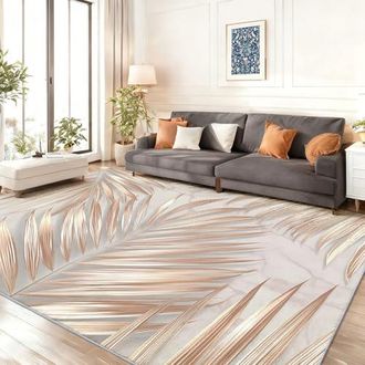 Generic Argent Rose Tapis pour Salon 160 x 230 cm, Lavables avec Dos Antid&eacute;rapant, Tapis &agrave; Poils Courts Imprim&eacute; Moderne Luxe Feuille De Palmier Argent&eacute;e pour 