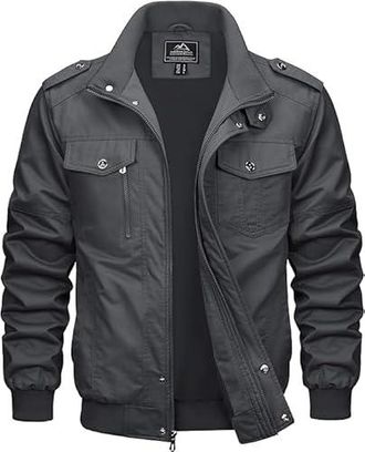 Magcomsen Veste Cargo Militaire pour Hommes Léger Coupe-vent en Coton Décontracté Multipoches Mi-saison avec Col Rabattu et Zippe Grey L