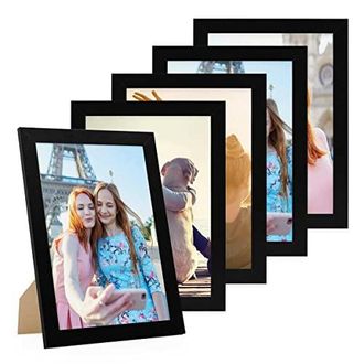 Photolini Cadre photo A4 21 x 30 cm bois MDF noir, cadre large bord, lot de 5 cadres photo, verre acrylique incassable, d&eacute;coration murale &agrave; suspendre & &agrave; poser,