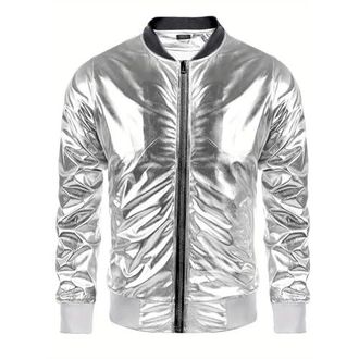 Generic Blouson Baseball Homme &agrave; Paillettes M&eacute;talliques Brillant Style Disco Ann&eacute;es 70 Veste Bomber D&eacute;contract&eacute;e pour F&ecirc;te, Danse, Discoth&egrave;que - Fermeture &Eacute;cl