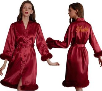Minetom Kimono Robe Femmes Peignoir Satin Femme Robes de Chambre Chemise de Nuit Court Mari&eacute;e Demoiselle dhonneur Robe de Nuit avec Ceinture A2 Vin Rouge Brid