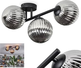 HOFSTEIN Deckenleuchte Chehalis, 3-flammige Deckenlampe aus Metall/Riffelglas in Schwarz/Rauchfarben, Leuchte im Retro/Vintage-Design (Schirme &Oslash; 15 cm), G9, Es