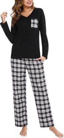 iClosam Pyjama Femme Hiver Coton Ensemble de Pyjama Chaud col V Vêtements de Nuit 2 Pièces Confortable avec Haut à Manche Longue et Bas de Pyjama à Carreaux S