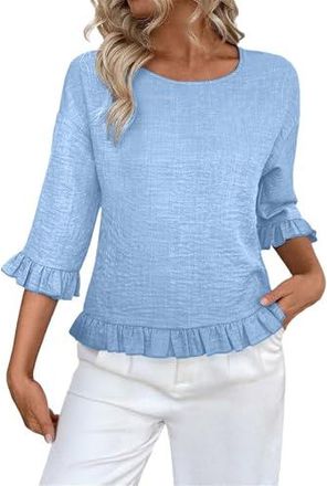 Generic Haut &agrave; manches 3 quarts en lin pour femme, chemisiers d&eacute;contract&eacute;s &agrave; col rond, chemises &agrave; &eacute;paules tombantes de couleur pure, haut tendance &agrave; ourlet &agrave; 