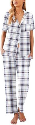 Ekouaer Pyjama Femme Ensembles Grande Taille Ete Manches Courtesnches Courtes et Pantalons Longs Style Classique Vêtements de Nuit Femme, Plaid Blanc, S