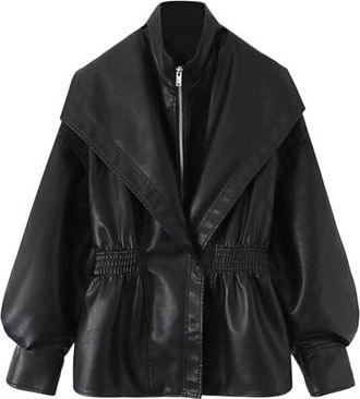 Generic Veste en similicuir pour femme avec fermeture &eacute;clair - Taille &eacute;lastique - Manches lanternes - Col ch&acirc;le - Style d&eacute;contract&eacute; - Pour lautomne, Noir, M