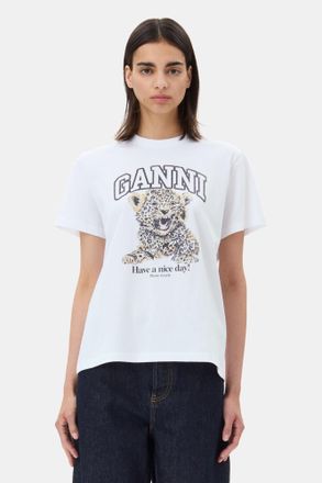 Ganni T-shirt basique en jersey blanc avec léopard Multicolore Coton - Taille L