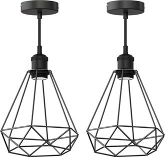 LEDs Com 2 Stück Vintage Pendelleuchte RETRA, schwarz, E27 Fassung, Käfig-Schirm