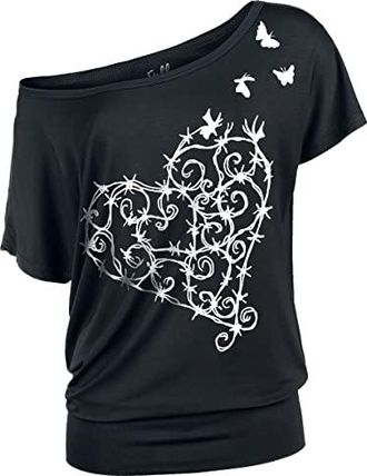 Full Volume by EMP Femme T-Shirt Noir avec coeur en Fil barbelé 3XL