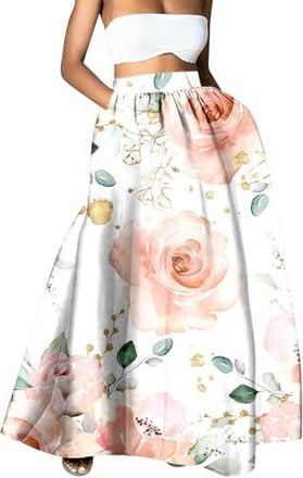 Generic Jupe longue bohème pour femme - Jupe longue - Taille élastique - Taille élastique - Imprimé floral - Vêtements bohème, b-rose, M