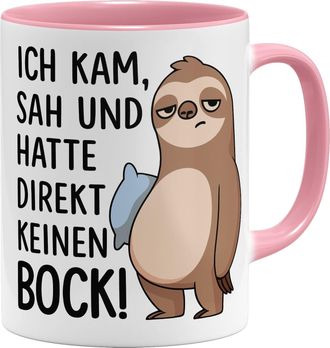 OM3 lustige Faultier Kaffee-Tasse mit Spruch - Ich kam, sah und hatte direkt keinen Bock - Morgenmuffel Sloth - Keramik Becher - 325ml - Beidseitig Bedruc