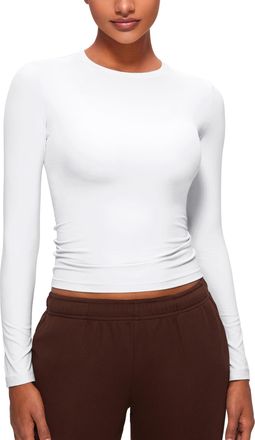 CRZ YOGA Damen Softembrace Langarmshirts Basic T-Shirt Lightweight Y2K Langarm Crop Top Enge Slim Fit Oberteile Casual Rundhals Shirt Weiss 40