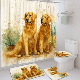 Generic Golden Retriever Duschvorhang-Set, natürliche fantasievolle Pflanzen, Aquarell, Frühlingsgelb, wasserdichter Stoff, Badezimmer-Duschvorhang und Badema