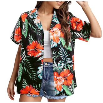 Generic Hawaii Hemd Damen Kurzarm Hawaiihemd Sommer Strandshirt Funky Hawaiibluse Fronttasche Party Hemden Hawaii Outfit Damen Casual Hemdbluse Shirt Tops Bea
