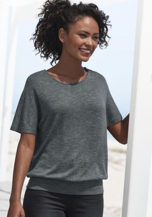 Vivance Kurzarmshirt VIVANCE mit breitem Bund, Damen, Gr. 32/34, grau (graugr&uuml;n), Feinstrick, Obermaterial: 55% Polyester (REPREVE), 43% Viskose, 2% Elasthan,