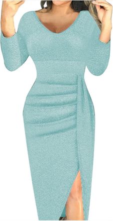 Generic Blusenkleid Damen Kleid Damen Langarm Pulloverkleid Damen Weihnachten&I3 Sexy Pailletten Split V-Ausschnitt Midi Kleid Hohe Taille Enge Ballkleid Eleg