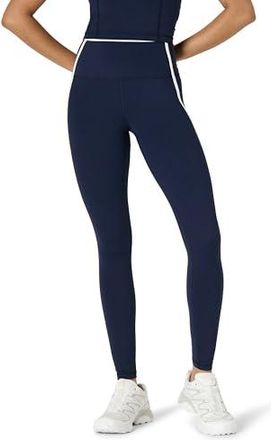 Amazon Essentials Legging Long dEntraînement et de Yoga Active FormFlex Ultra Doux avec Bordure Contrastante, Taille Haute, Entrejambe de 70cm Femme, Blanc/Bleu Marine,