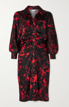 Dries Van Noten Hemdblusenkleid Aus Bedrucktem Satin Mit Raffungen - Rot
