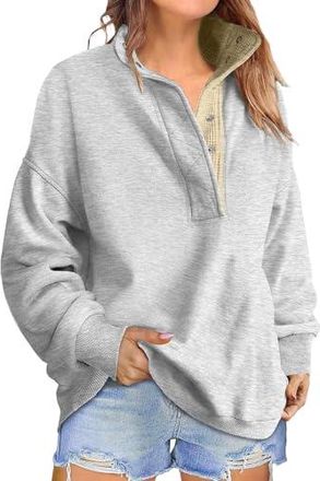 Generic Sweat-shirt d&eacute;contract&eacute; &agrave; boutons pour femme, pull surdimensionn&eacute; &agrave; manches longues, coupe ample, haut dautomne doux, gris clair, S