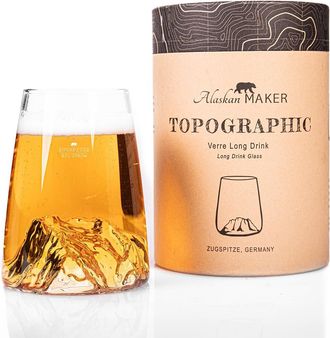 Alaskan Maker Langes Glas 450 ml - hochwertiges Borosilikatglas, mundgeblasen, mit geprägten Bergen | Cocktail, Bier oder Soft TOPOGRAPHIC (Zugspitze)
