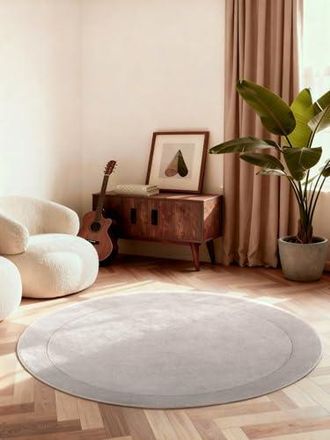 Villeroy & Boch Wollteppich Kari Rund - Weicher Natur Wohnzimmerteppich mit Bord&uuml;re, Handgemacht & Nat&uuml;rlich, Modernes Design f&uuml;r Wohnzimmer, Schlafzimmer, Esszimmer,