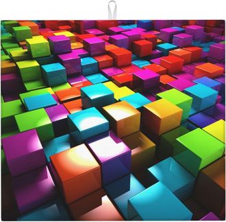 Generic Geschirrtrocknungsmatte 3D Bunte Würfel Küchenabtropfmatte Schnell Trocknend 46X41Cm Club Kaffeemaschine Matte Leicht Zu Reinigen Tischplatte Überlauf