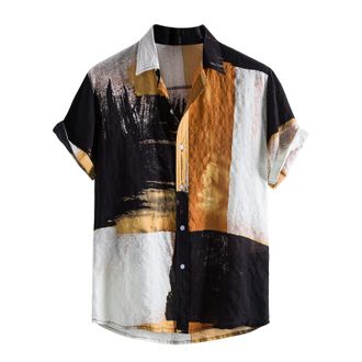 Generic Leinenhemd Herren Kurzarm Hemd Baumwolle Freizeit Hemden Sommer Freizeithemden Hawaii Kurzarmhemd Männer Leinen Stehkragenhemd Bunte Fischerhemd Herre