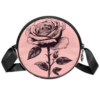 Generic Sac &agrave; bandouli&egrave;re Circle pour femme, petit sac &agrave; bandouli&egrave;re rose noire avec fermeture &eacute;clair, bretelles r&eacute;glables, sac &agrave; main rond d&eacute;contract&eacute; pour f