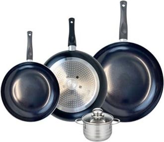 Fackelmann ELO 9749650 Batterie de cuisine 4 pi&egrave;ces, Ensemble de 3 Po&ecirc;les de cuisson 24, 28 et 32 cm et 1 faitout 12 cm Elo Prima Brillant, inox, induction, Noir